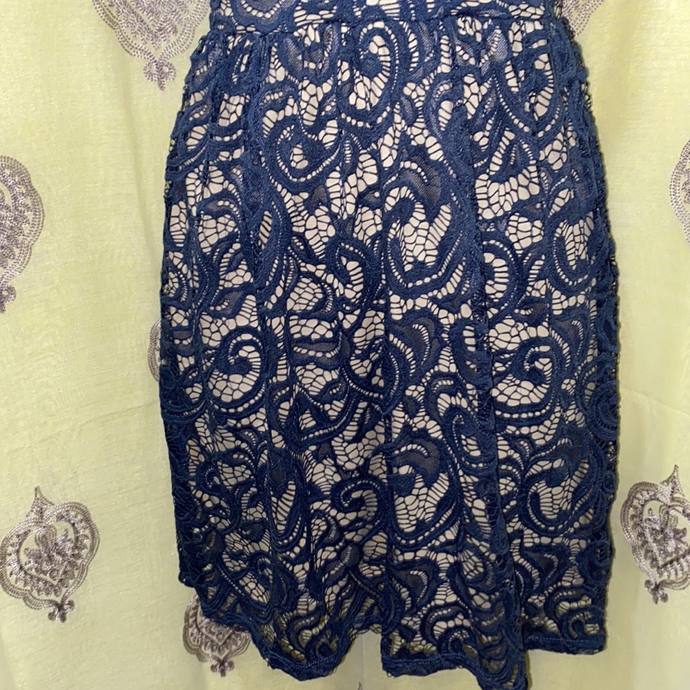 Francesca’s Alya Blue Lace Overlay/Tan Lining V-Neckl… - Gem